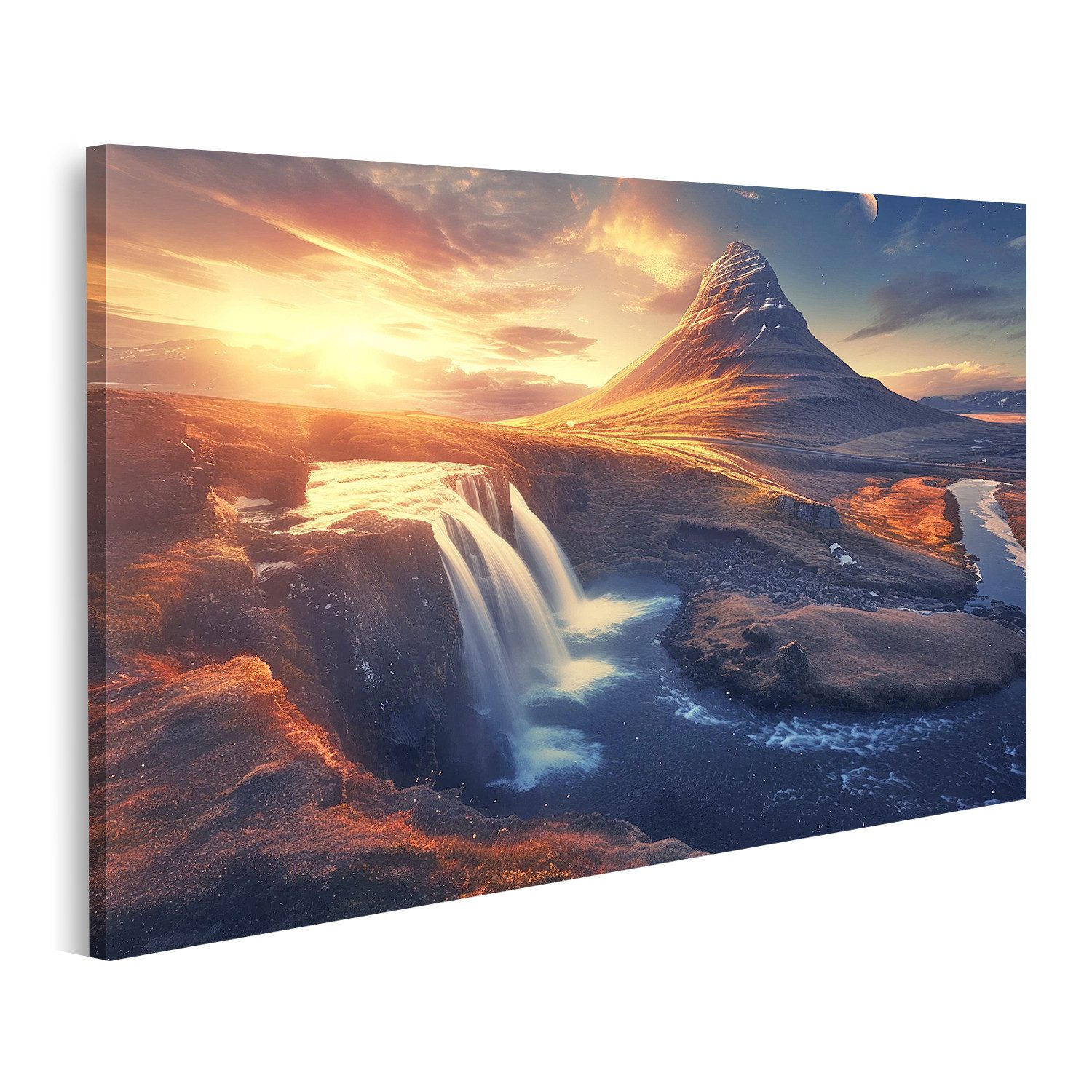 islandburner Leinwandbild, Sonnenuntergang über dem mystischen Berg und Wasserfall, Format: 100x57cm