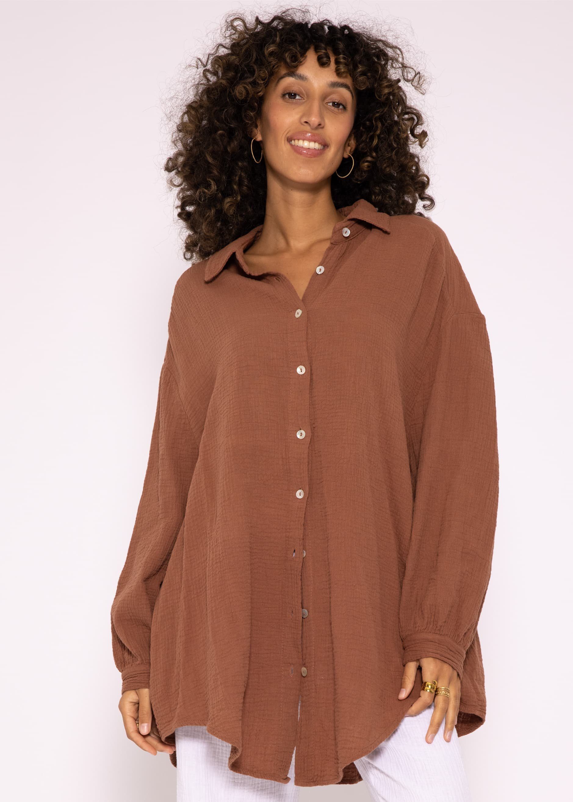 Sassyclassy Longbluse Oversize Musselin Bluse Damen Langarm Hemdbluse