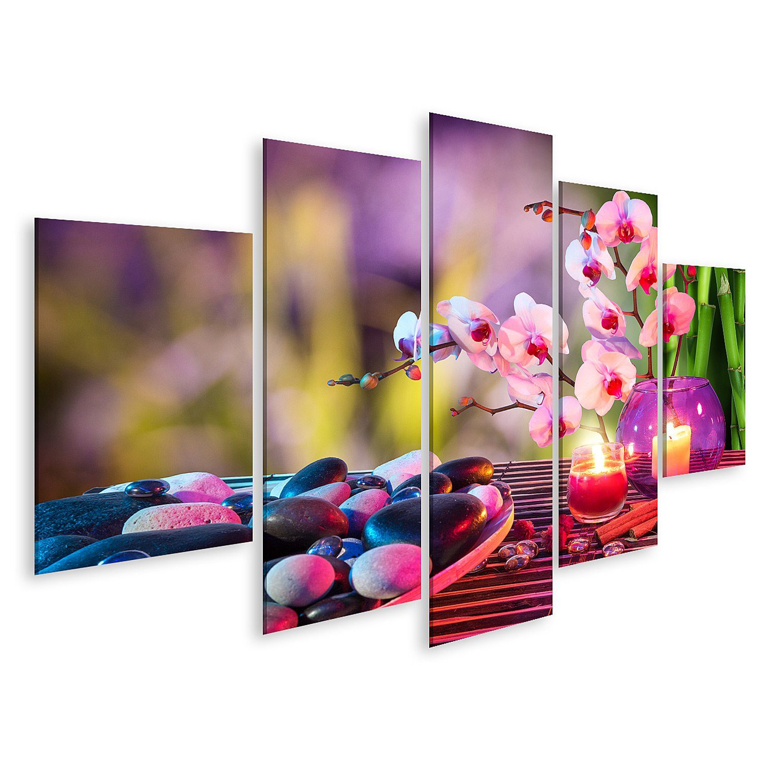 islandburner Leinwandbild Bild auf Leinwand Dish of Stones Massage mit Orchideen und -Kerzen Wan