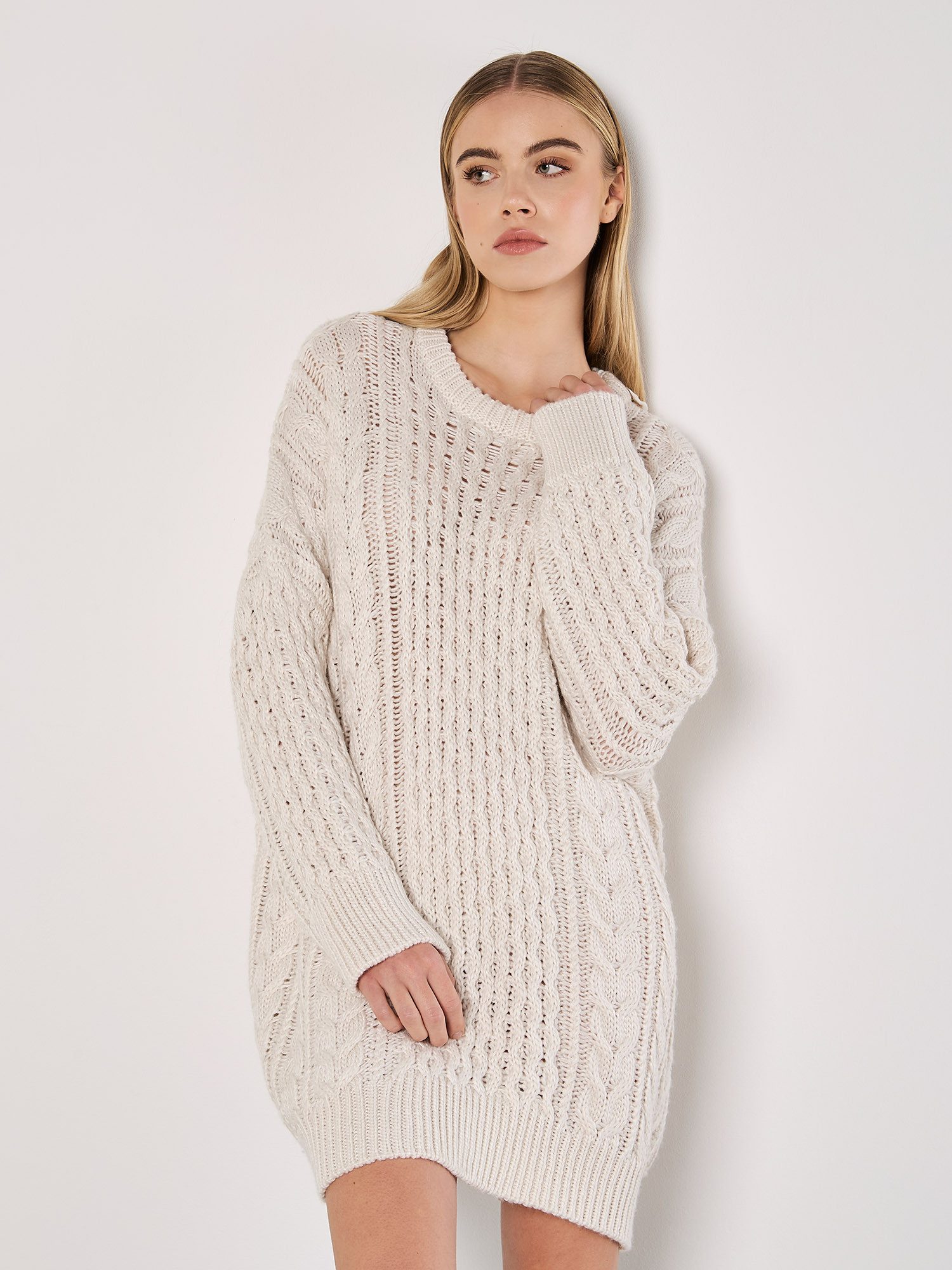 Apricot Strickpullover Zopfmuster-Pullover-Kleid, in oversized Passform