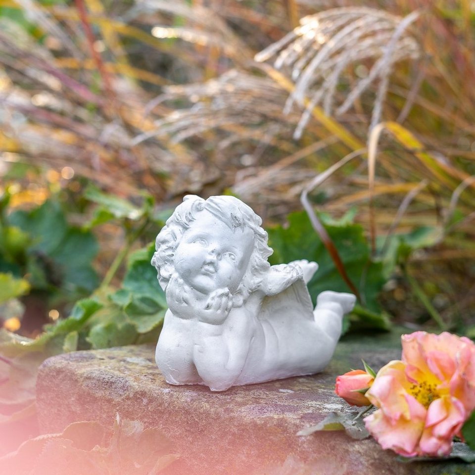 Antikas Gartenfigur Engel Bauchliegend Steinguss Weiß H 14 Cm X T 20 Cm