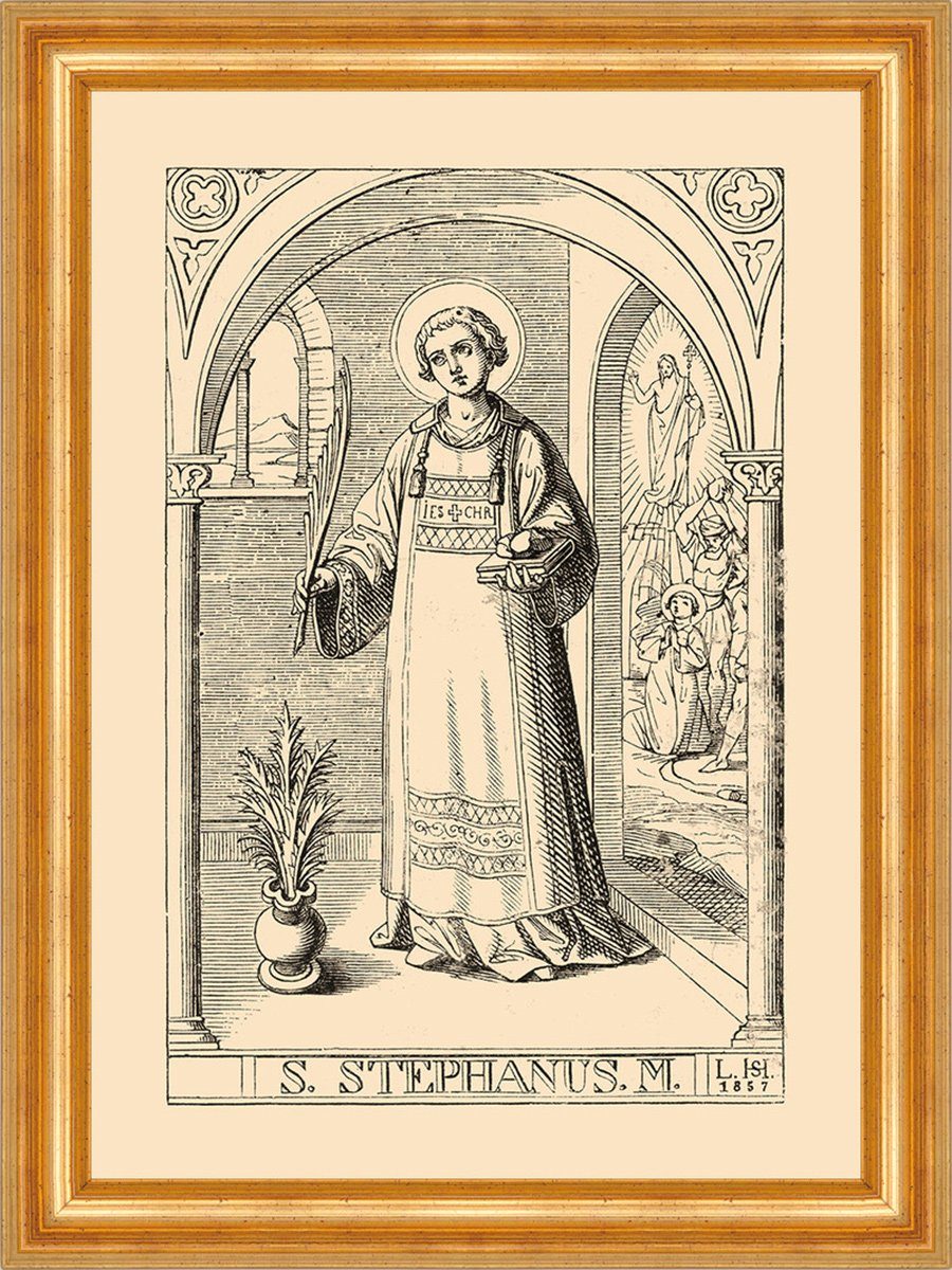 Kunstdruck Der heilige Stephanus Stephan Pferde Holzstich Sankt A4 1089 Gerahmt, (1 St)
