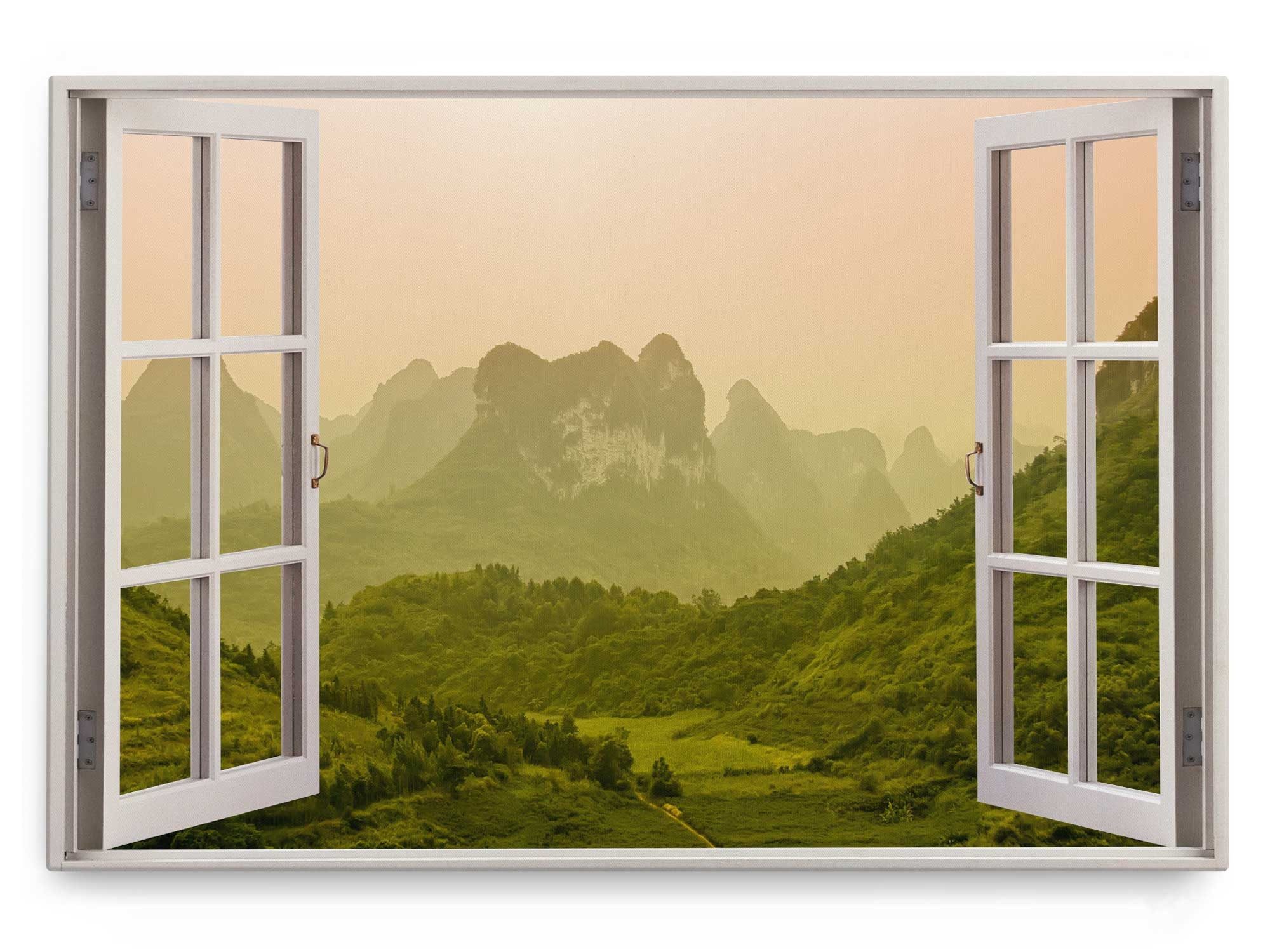 Sinus Art Leinwandbild Wandbild 120x80cm Fensterbild Vietnam Landschaft Tal Grün Berge Tropis ...