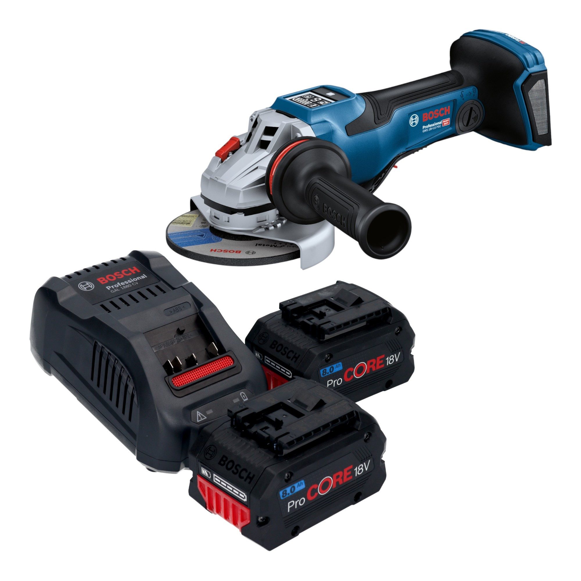 Bosch Professional Winkelschleifer GWS 18V-15 PSC 18V 125mm + 2x ProCORE Akku 8,0Ah + Ladegerät