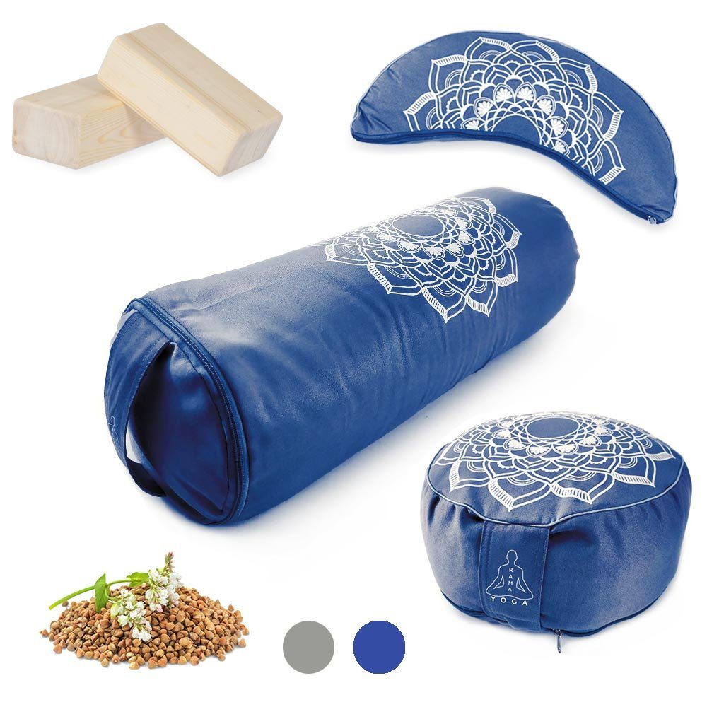 ramayoga Meditationskissen Yoga Starter-Set, Blau, Buchweizenschalenfüllung
