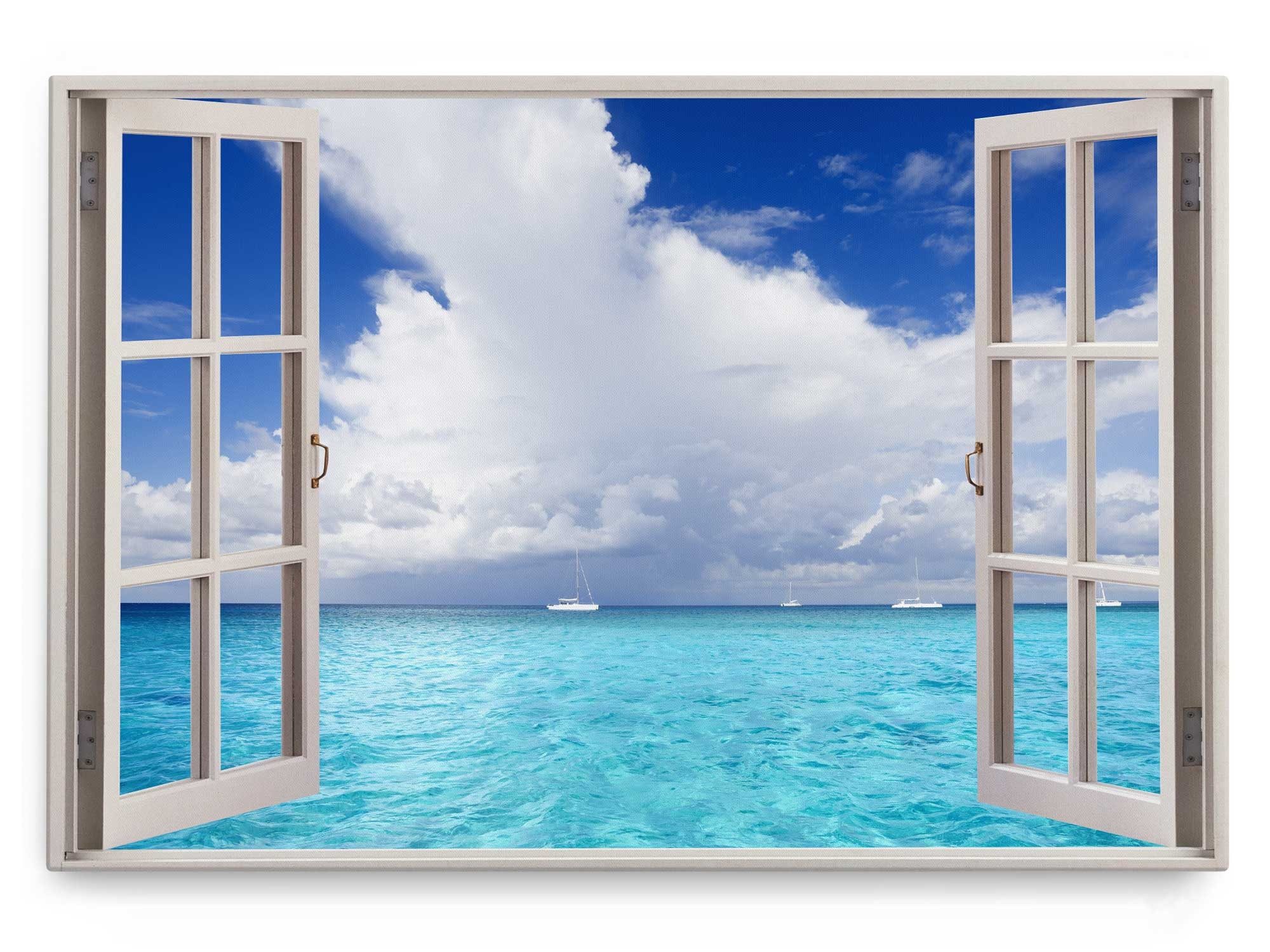 Sinus Art Leinwandbild Wandbild 120x80cm Fensterbild Blaues Meer Horizont weiße Wolken Segelb ...