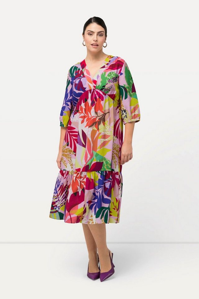 Ulla Popken Jerseykleid Midikleid Blüten A Linie V Ausschnitt 3 4 Arm