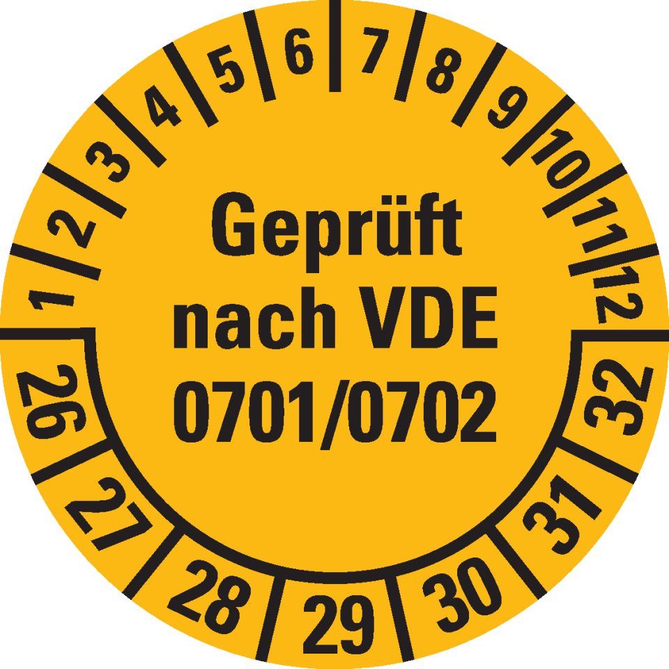 König Werbeanlagen Hinweisschild PrüfplaketteGeprüft n.VDE 0701/0702,26-32,gelb,Dokufolie ...