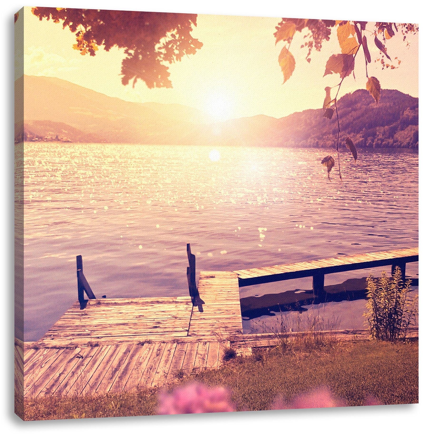 Pixxprint Leinwandbild Steg im Sonnenuntergang Meer, Steg im Sonnenuntergang Meer (1 St ...