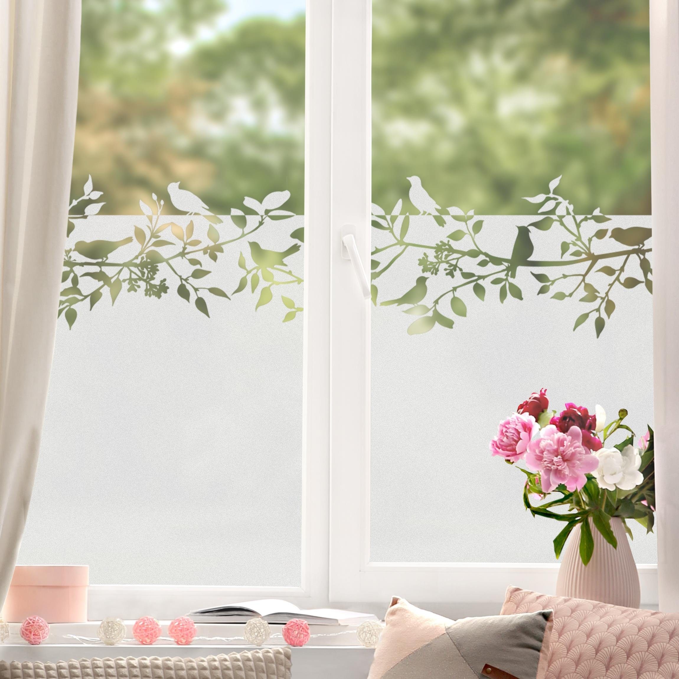 Bilderdepot24 Fensterfolie statisch haftend Motiv Fensterdeko Vögel auf Ästen Bordüre Tiere ...