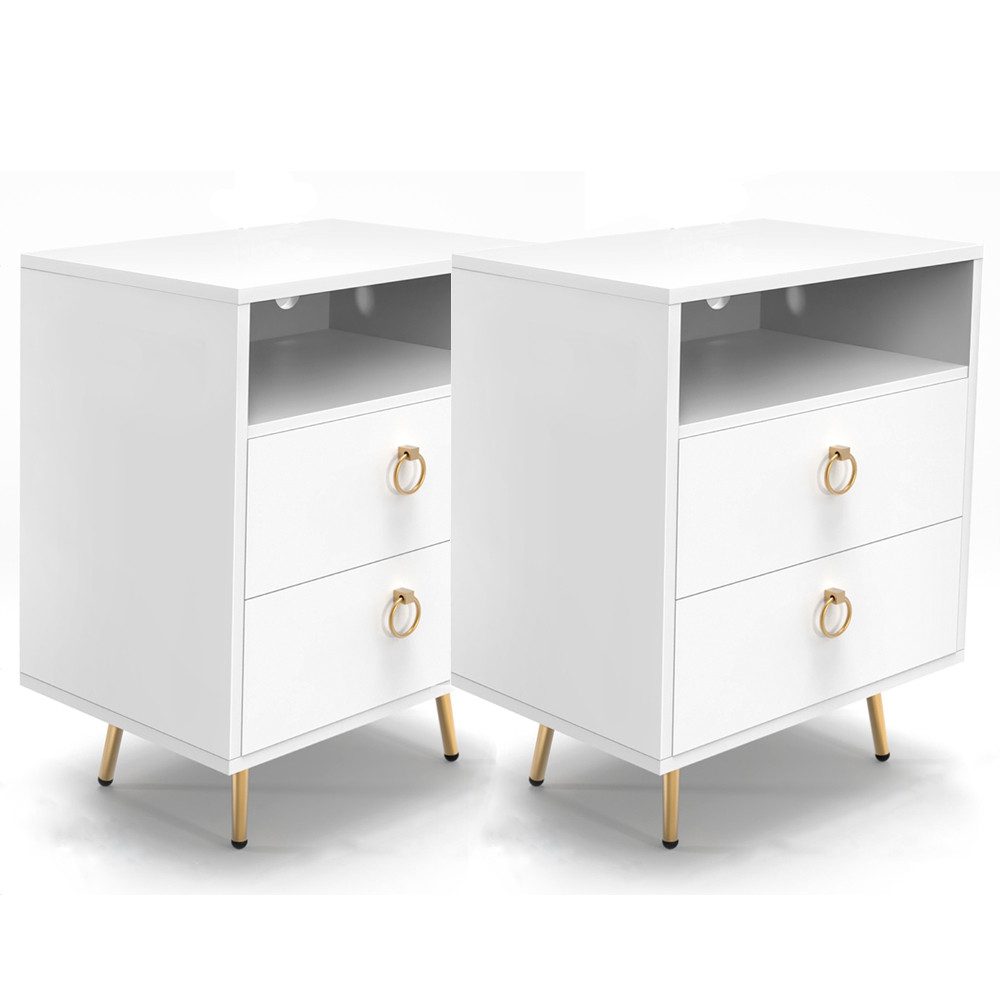 LOVONLIVE Nachttisch 2er Set LED Beistelltisch mit 2 Schublade und Offenem Fach, mit Beinen (2er ...