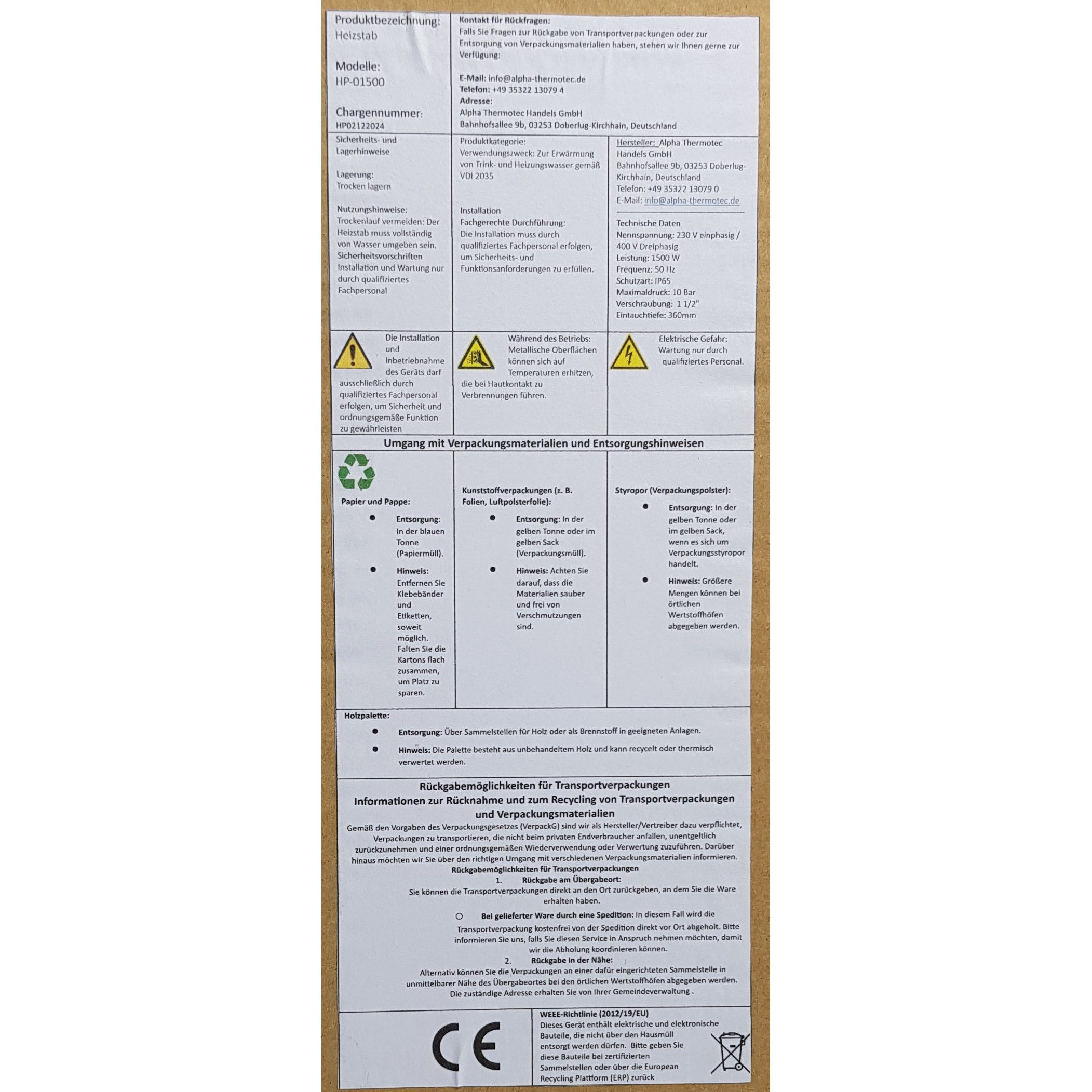 Alpha Thermotec Heizstab Heizpatrone HP isolierte Ausführung, schwarz