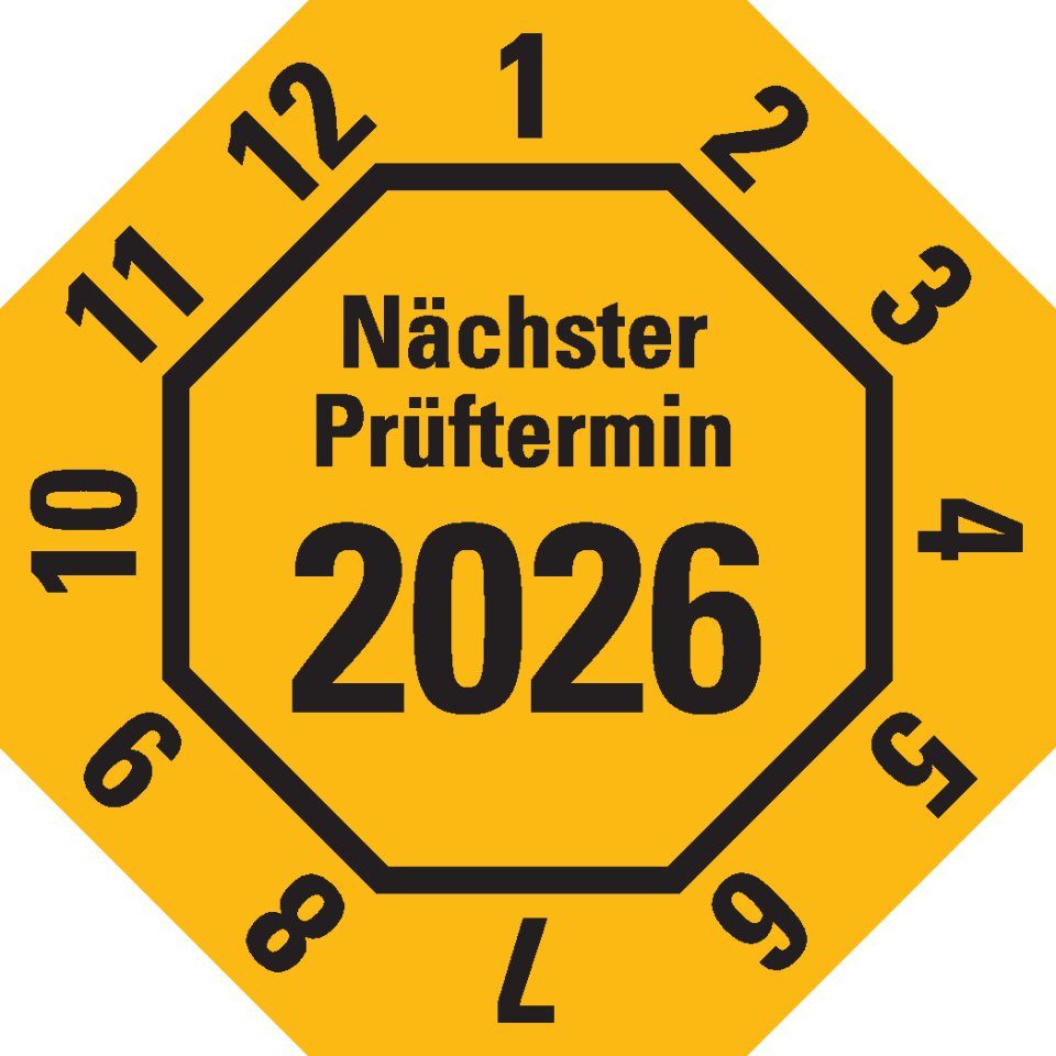 König Werbeanlagen Hinweisschild Prüfplak. Nä.Prüftermin 2026,8-eckig,gelb,Dokufolie,30x30mm,18 ...