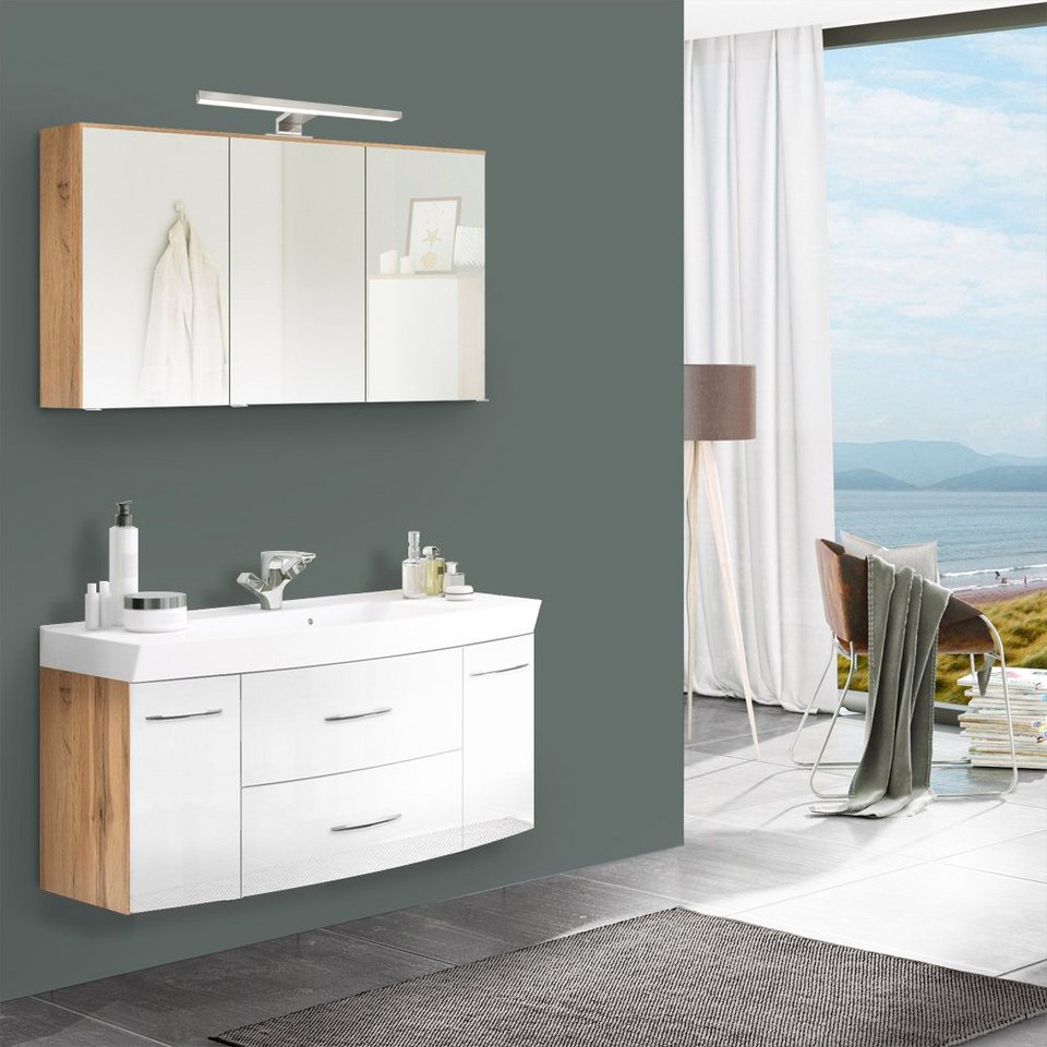 Lomadox Badmöbel Set Florido 03 Oak Spar Set 2 St 120cm Weiß