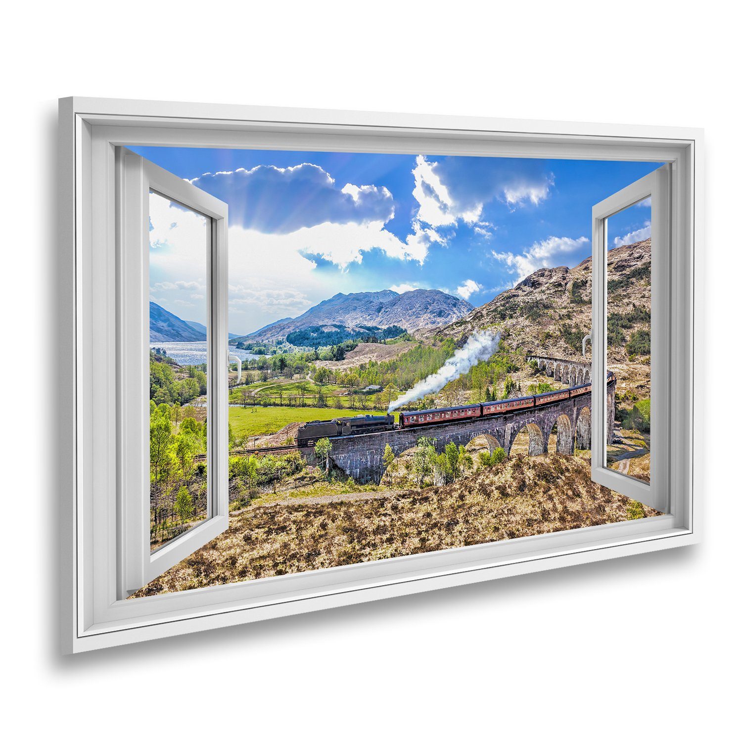 islandburner Leinwandbild Fensterblick Glenfinnan Eisenbahnviadukt in Schottland mit dem Jakobit