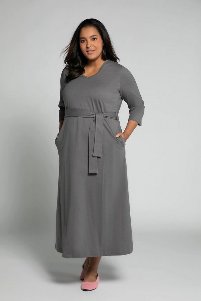 Ulla Popken Jerseykleid Maxikleid V Ausschnitt 3 4 Arm Bindegürtel«
