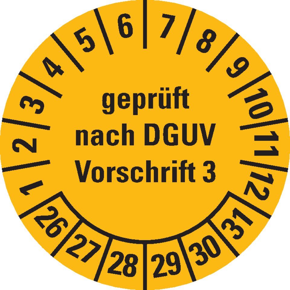 König Werbeanlagen Hinweisschild Prüfpl.gepr.n.DGUV Vorschrift 3,26-31,gelb,Folie,ablösbar, 1000 ...