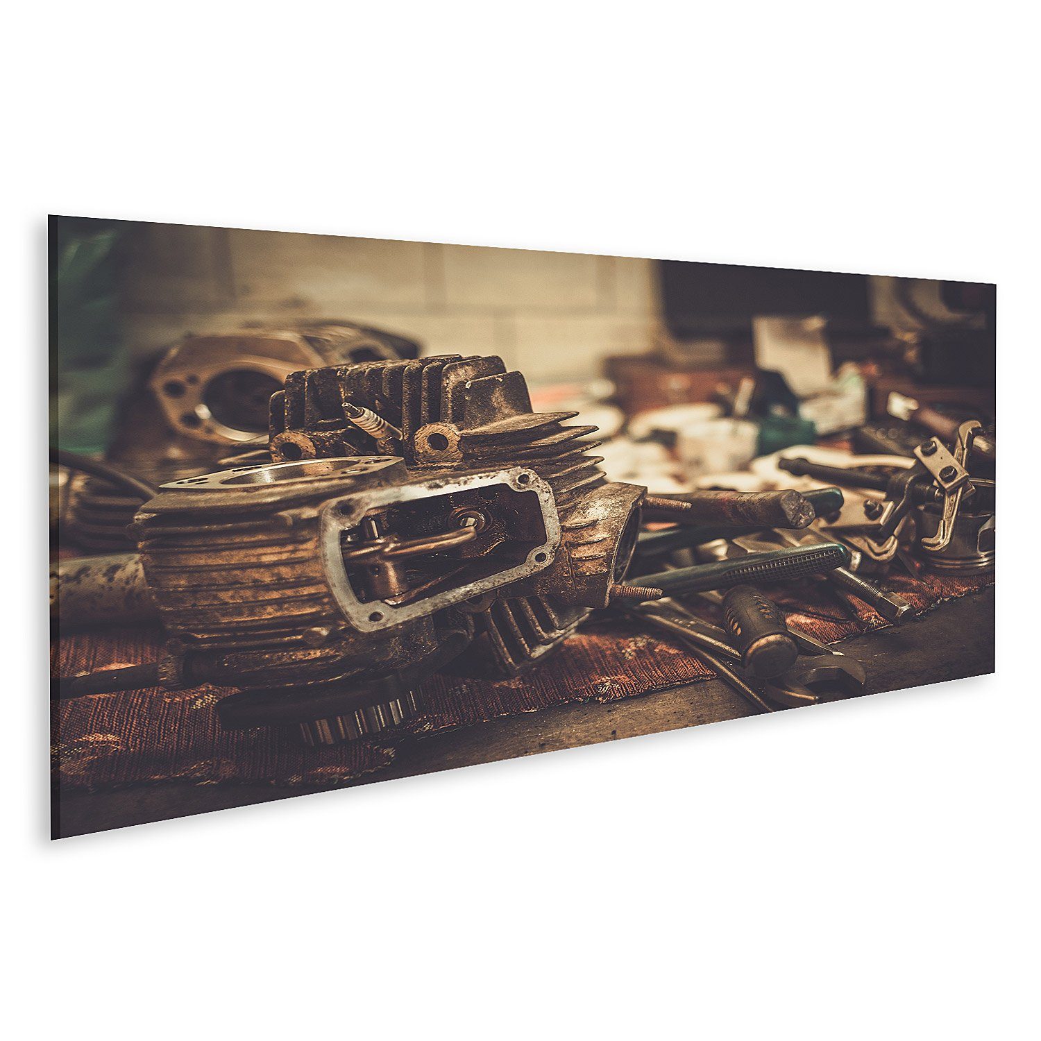 islandburner Leinwandbild Bild auf Leinwand Ein Teil Der Motorrad Motor Auf Einem Tisch In Der W