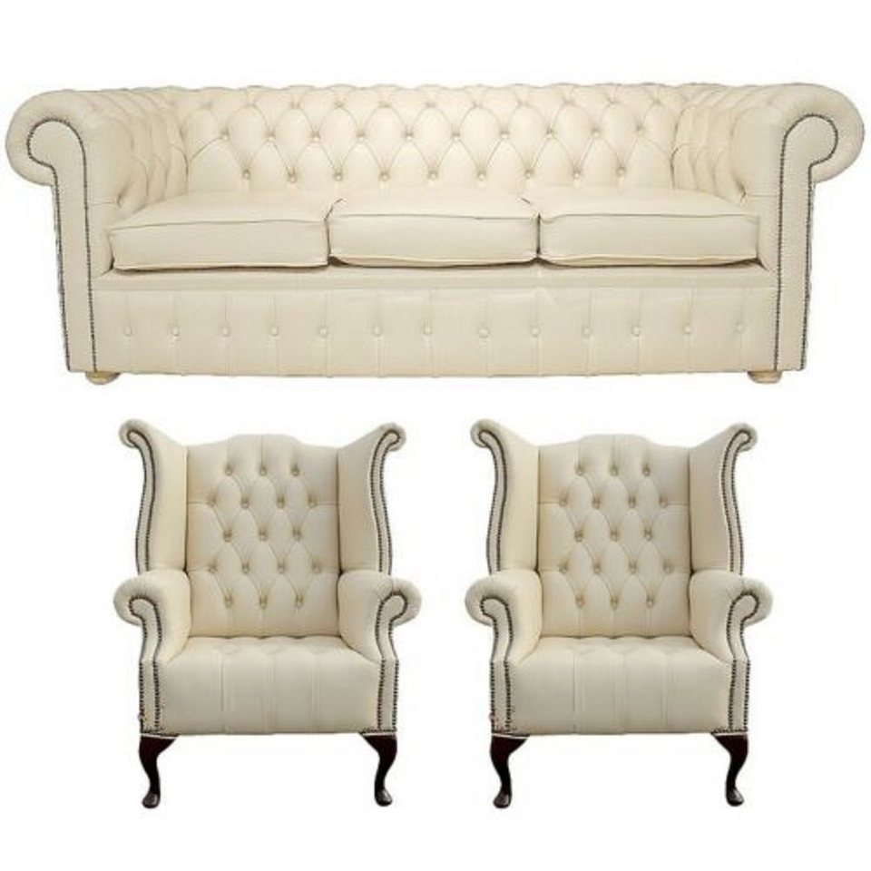 Jvmoebel Sofa Creme Chesterfield Sofagarnitur Leder Textil Chesterfield