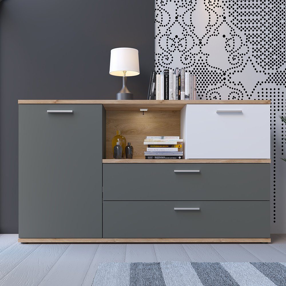 Lomadox Sideboard Tomar 129 Mit Beleuchtung Eiche Mit Weiß Und Grau