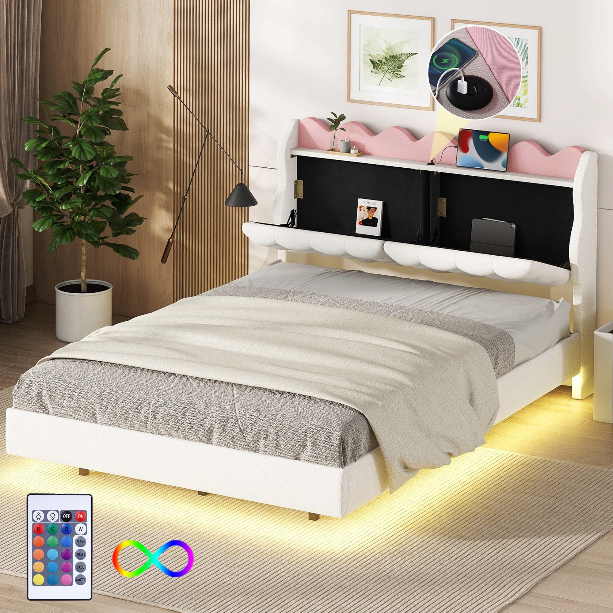 Redom Polsterbett Doppelbett Mit Nachtkästchen Mit Lichtleiste Mit