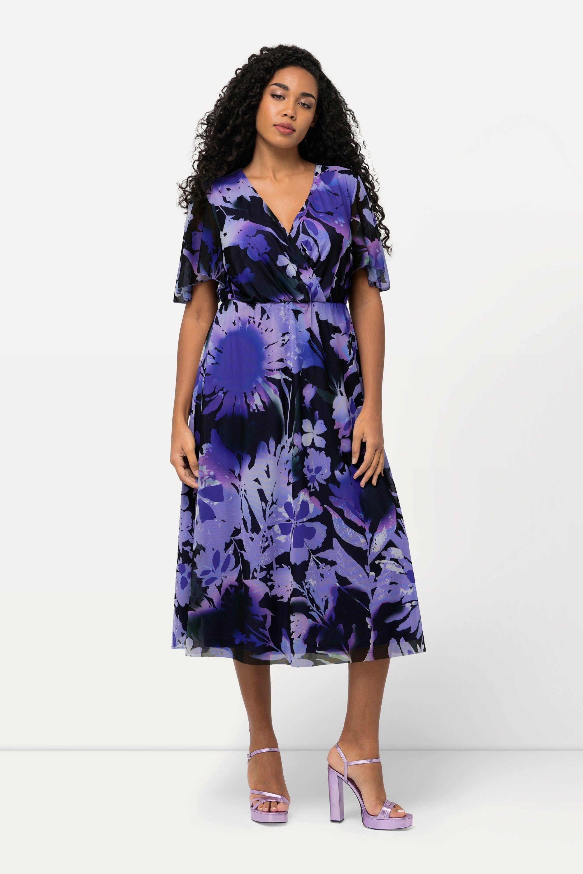 Ulla Popken Abendkleid Meshkleid Blüten V Ausschnitt Halbarm Maxikleid