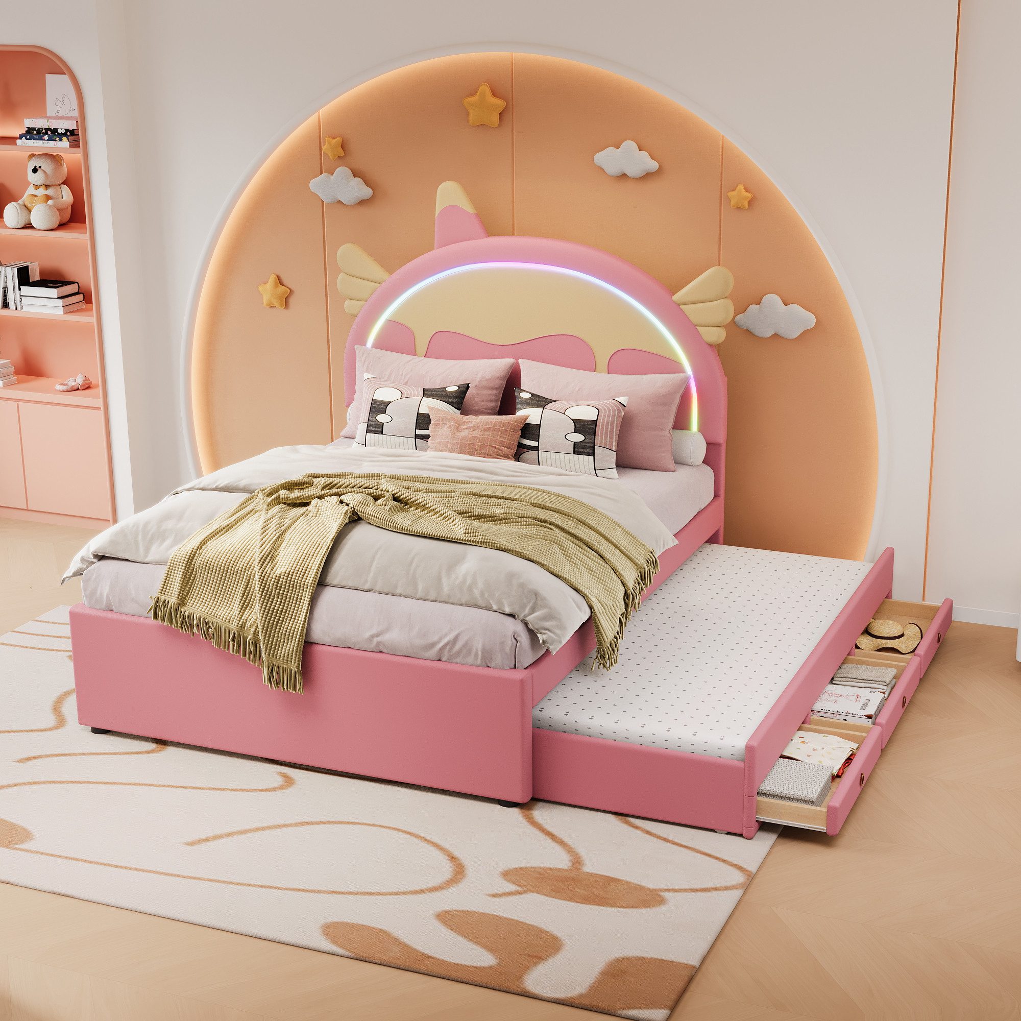 Tongtong Kinderbett Einhornform Ausgestattet Mit Ausziehbares Rollbett