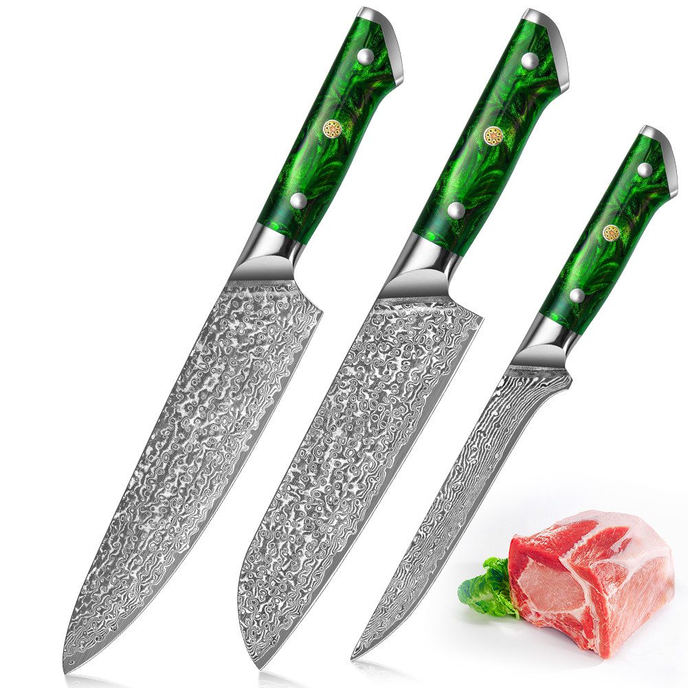 Keenzo Messer Set 3tlgdamast Messerset Vg10 Damaststahl Chef Santoku
