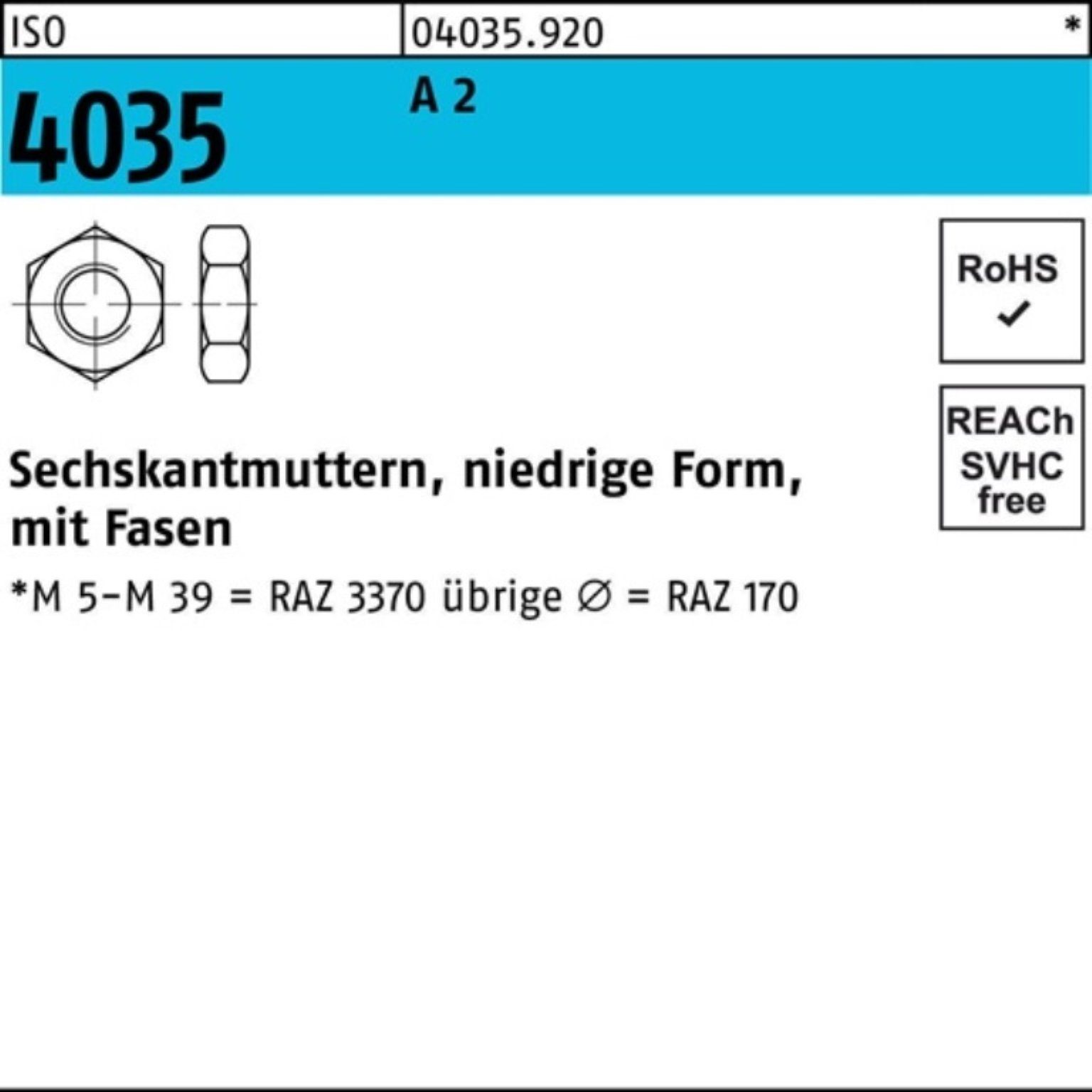 Reyher Muttern 100er Pack Sechskantmutter ISO 4035 niedrig Fasen M2 A 2 100 Stück IS