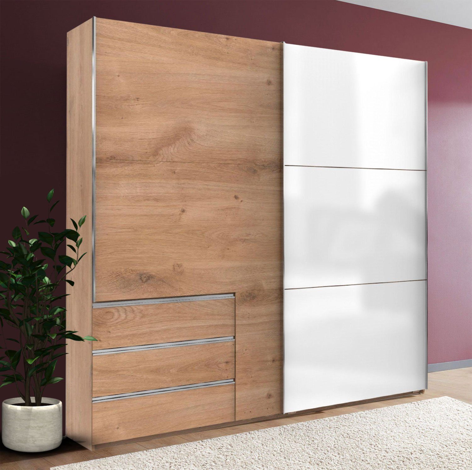 Wimex Schwebetürenschrank Level Level 200cm Plankeneiche Weißglas 2