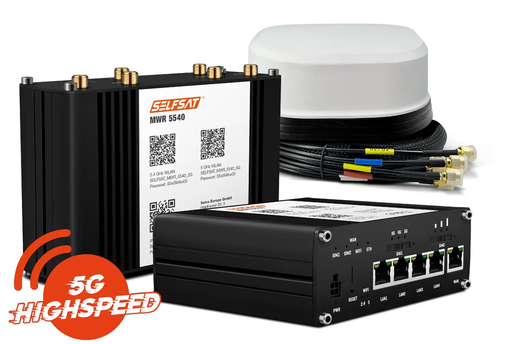 Selfsat MWR 5540 5G Cat 12 WLAN Router bis 2,6 Gbps + SATCO 5G Antenne Mobilfunkantenne