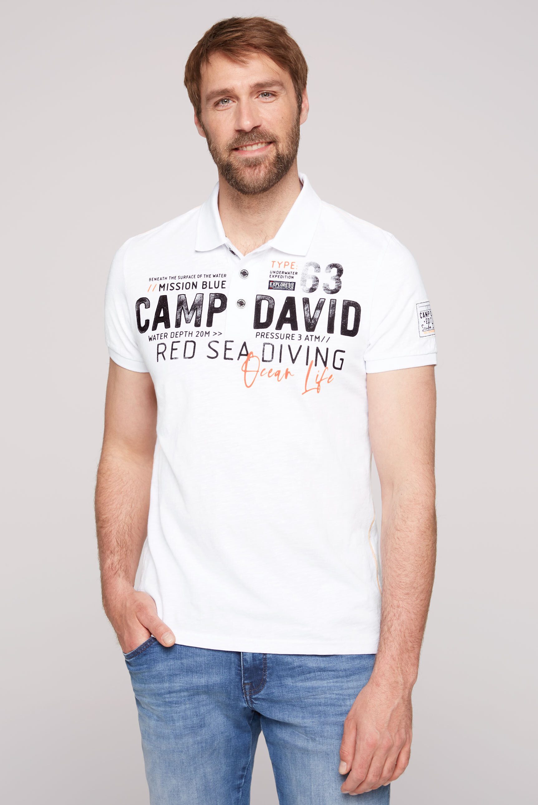CAMP DAVID Poloshirt aus Baumwolle, Logo Print vorne mit Rubber-Details