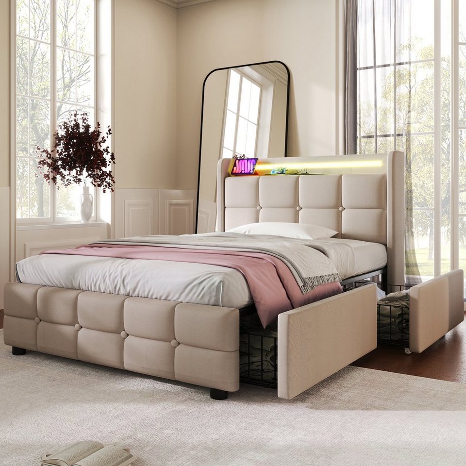 Okwish Polsterbett Mit Led Beleuchtung 90 X 200 Cm Mit Aufladen Usb
