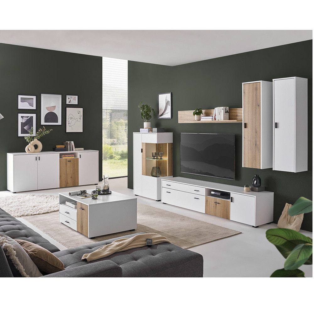 Lomadox Wohnwand Hunter 61 7 St 7 Tlg Weiß Matt Eiche Rillen