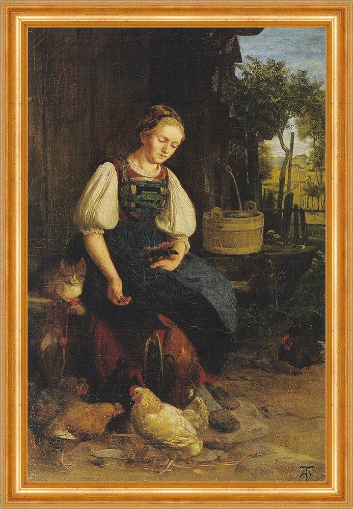 Kunstdruck Hühnerfütterung Hans Thoma Schwarzwald Bauernhof Katze Hühner H A3 050, (1 St)