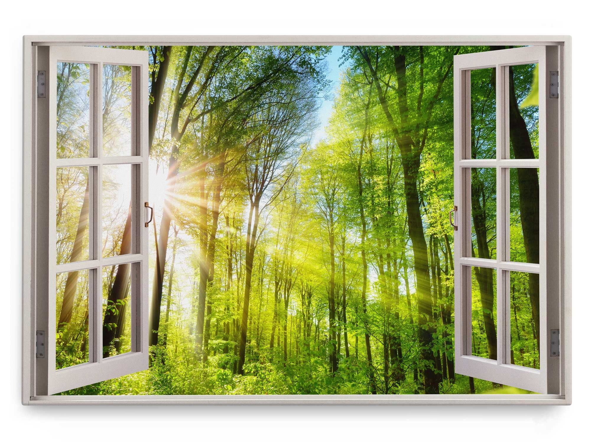 Sinus Art Leinwandbild Wandbild 120x80cm Fensterbild Grüner Wald Baumkronen Bäume Sonnenstrah ...