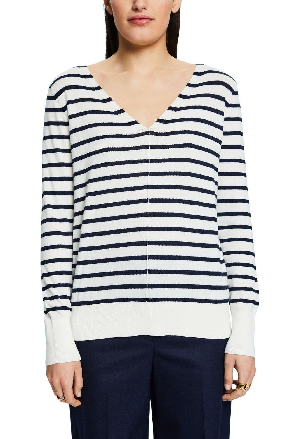 Esprit V Ausschnitt Pullover Gestreifter Baumwollpullover Mit V Ausschnitt