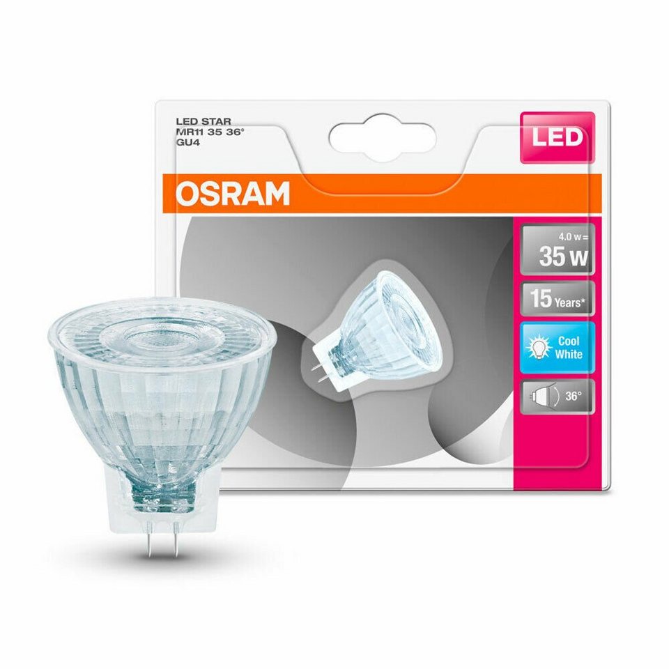 Osram Osram LED GU4 MR11 4W=35W Glas 12V 345lm Reflektor 36° Kaltweiß ... Osram Osram LED GU4 MR11 4W=35W Glas 12V 345lm Reflektor 36° Kaltweiß ...