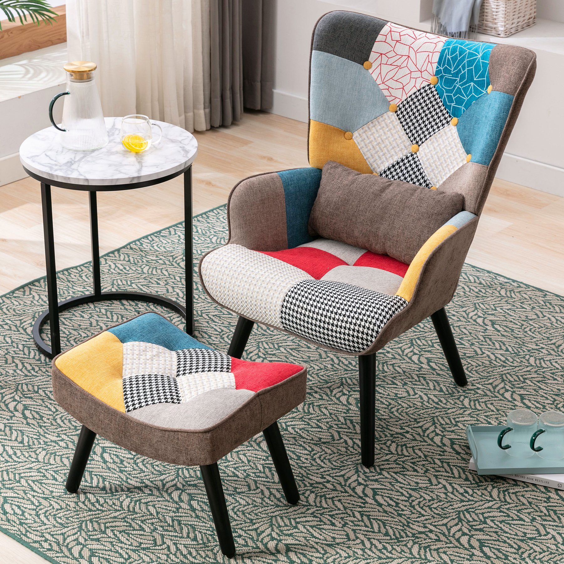 HomeMiYN Ohrensessel Relaxsessel mit Hocker Patchwork Sessel ...