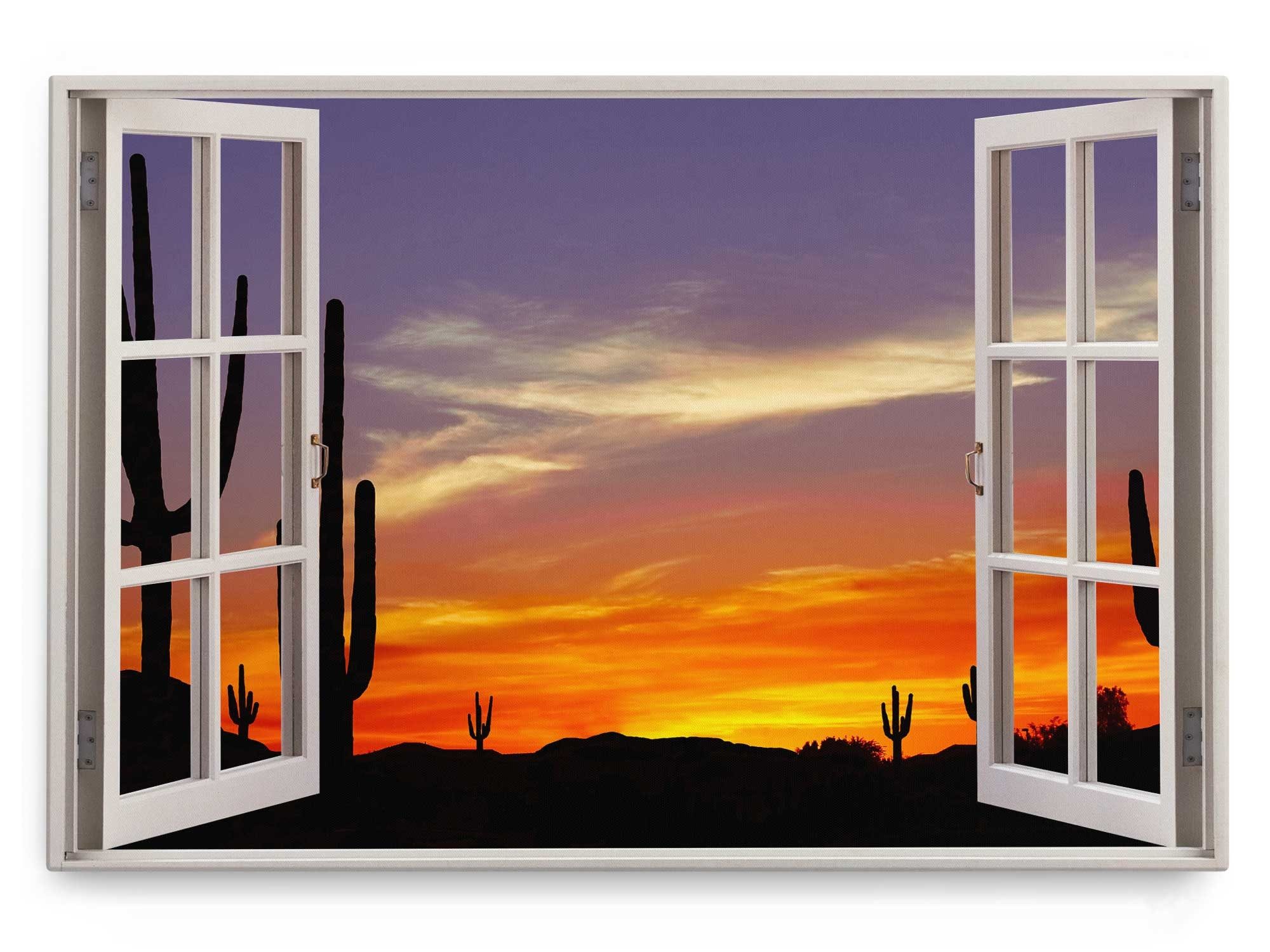 Sinus Art Leinwandbild Wandbild 120x80cm Fensterbild Mexikanische Landschaft Kaktus Sonnenunt ...