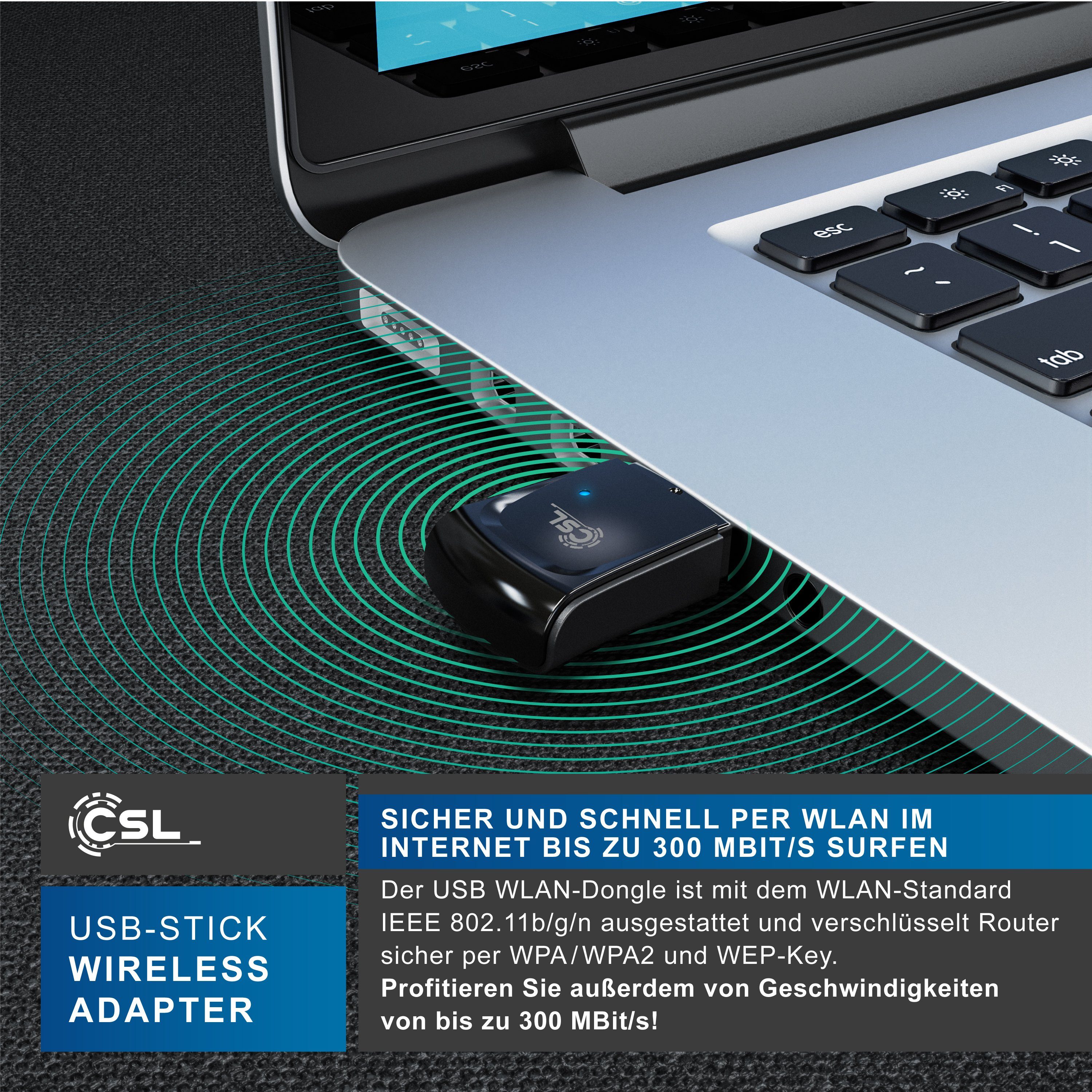 CSL WLAN-Dongle, 300 Mbit/s USB Stick WiFi Adapter 2,4 Ghz 2T2R ...