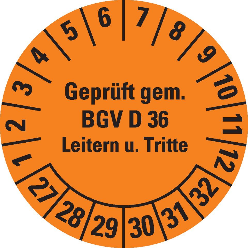 Dreifke Hinweisschild Dreifke® Prüfplakette Geprüft gem. BGV D 36 ...,27-32,orange,Dokufolie,Ø ...