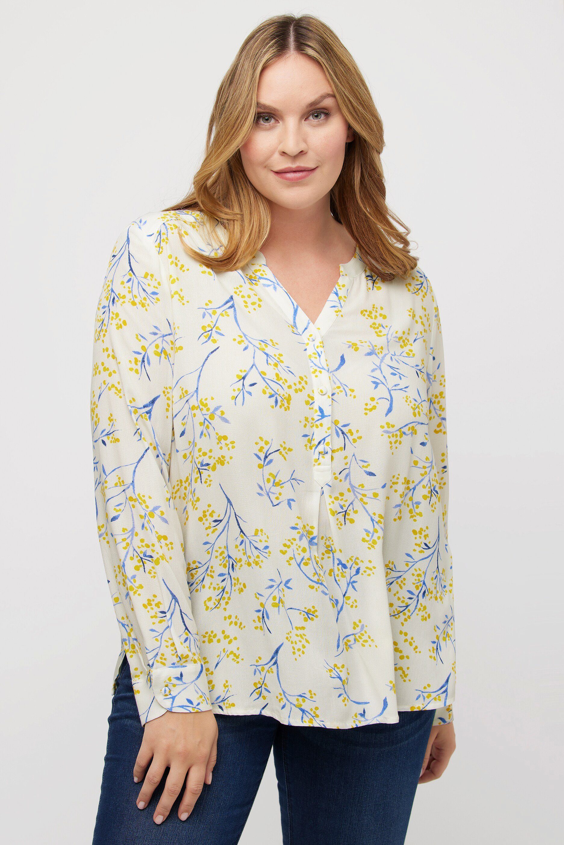 Ulla Popken Longbluse Bluse Florales Muster Stehkragen Zierfalte Langarm