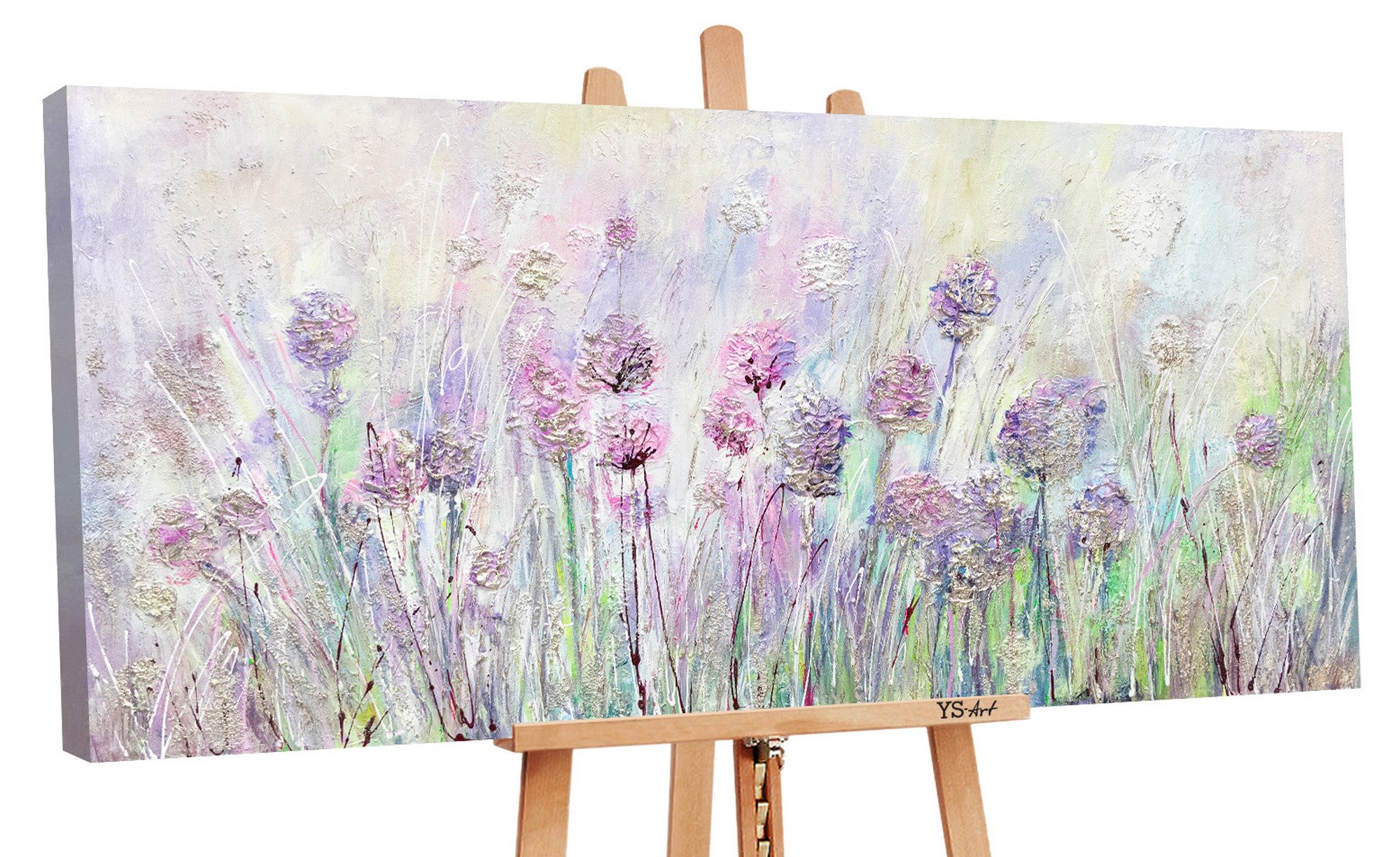 YS-Art Gemälde Blumen auf der Wiese, Landschaft, Lila Blumen Feld Grün Leinwand Bild Handgemalt