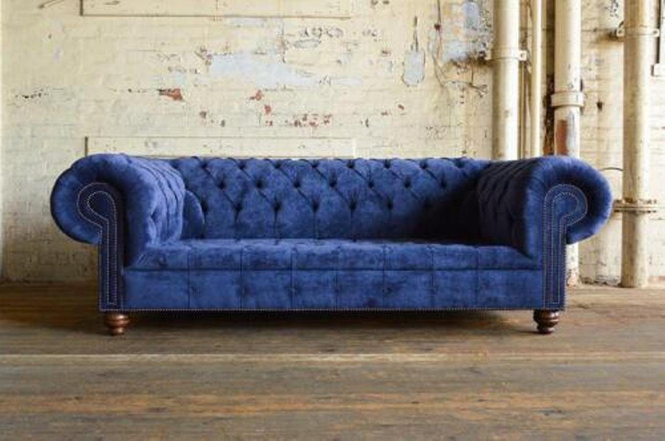 Jvmoebel 3 Sitzer Luxus Klasse Chesterfield Blaue Textil Stoff Sofa
