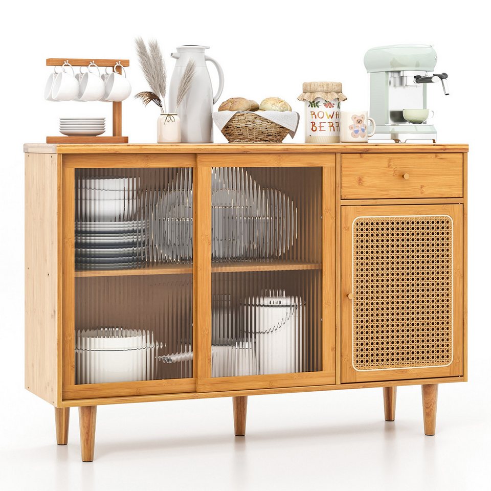 Costway Küchenbuffet Mit Glas Schiebetür Rattantür And Schublade 120x35x83cm