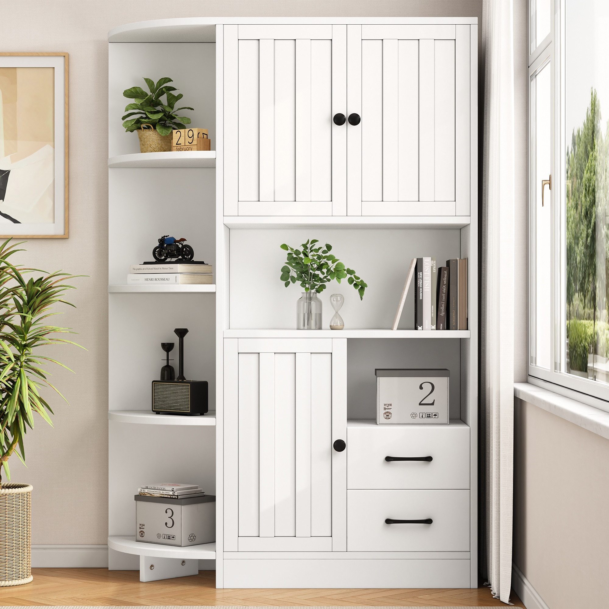 IDEASY Standvitrine Weißer Eckkleiderschrank Highboard mit 14 Fächern