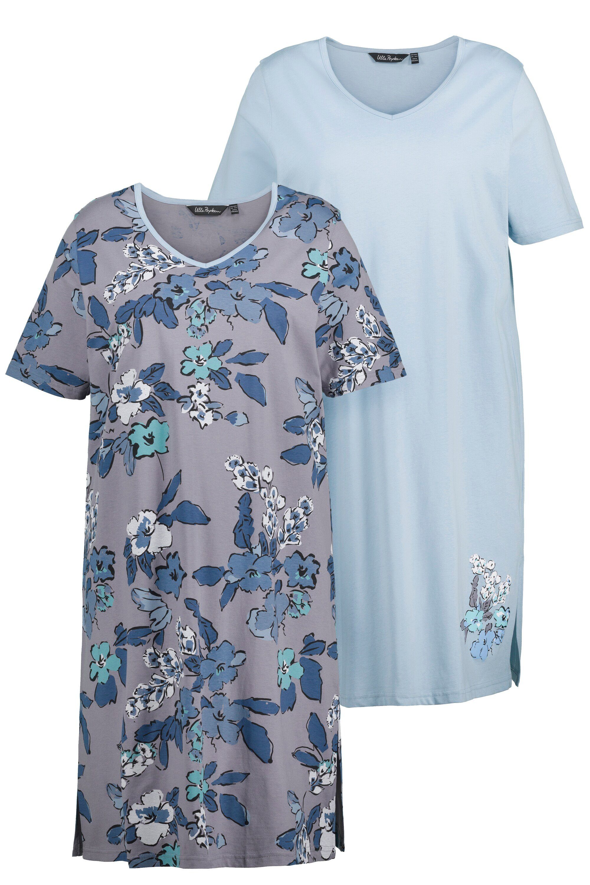 Ulla Popken Bigshirt Bigshirts 2er Pack Blütenuni V Ausschnitt Halbarm
