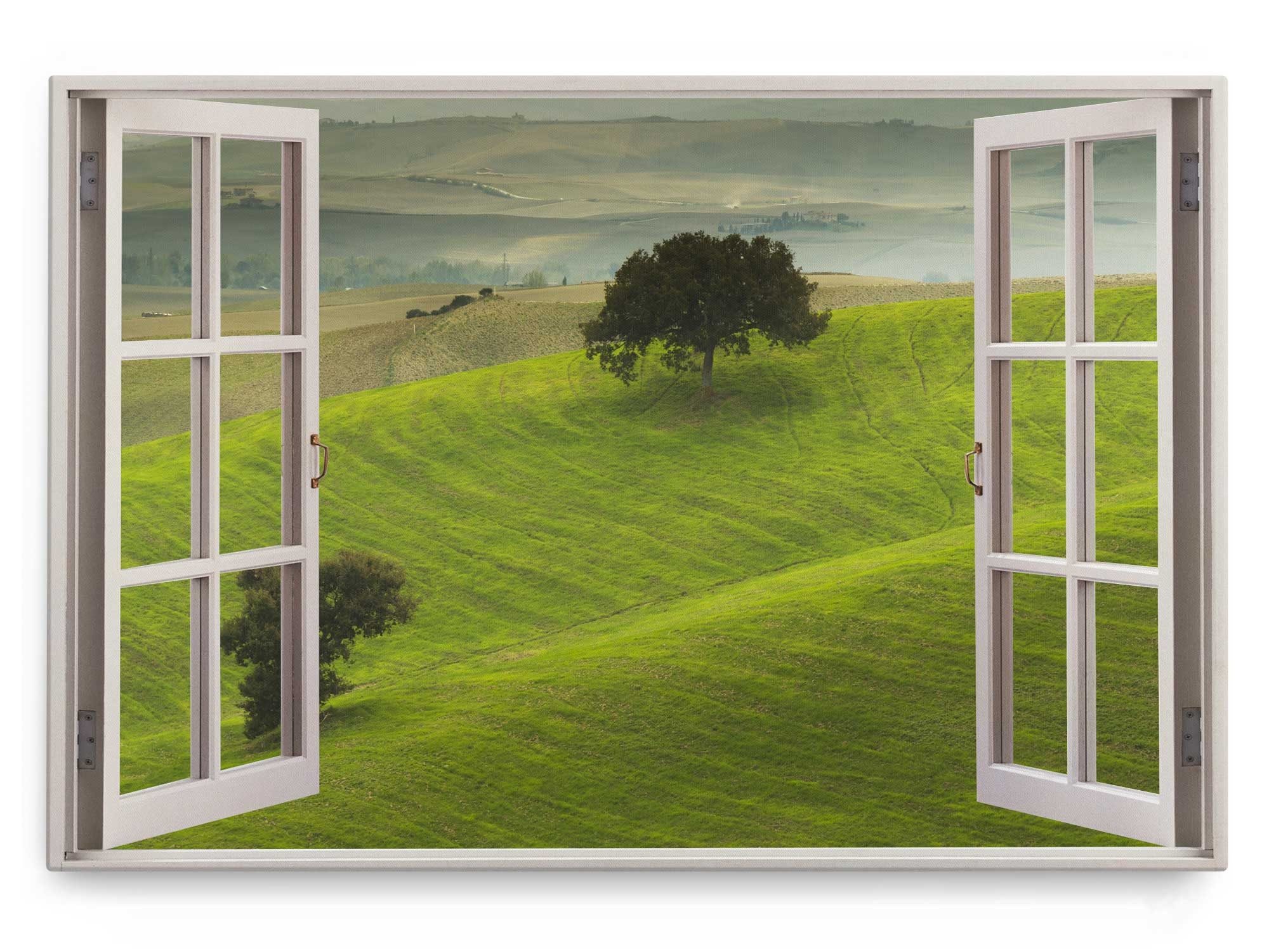 Sinus Art Leinwandbild Wandbild 120x80cm Fensterbild Landschaft Wiese Grün Baum Natur Hügel, (1 St)