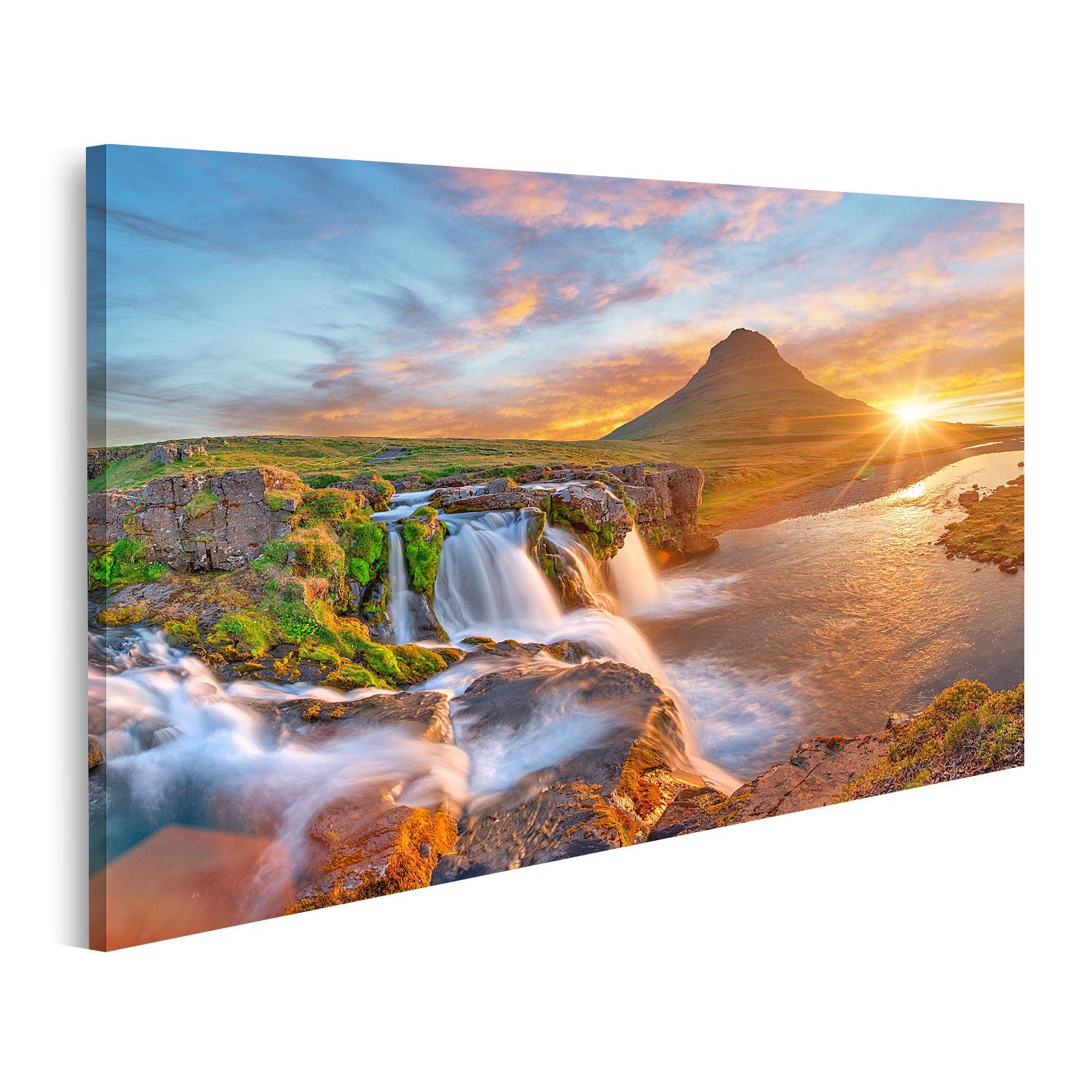 islandburner Leinwandbild Bild auf Leinwand Schöne Landschaft Sonnenaufgang Kirkjufellsfoss ...
